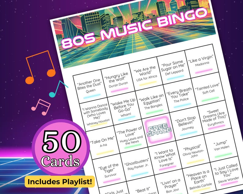 80s Music Bingo Printable Game, Spotify Playlist Included, 50 Unique ...