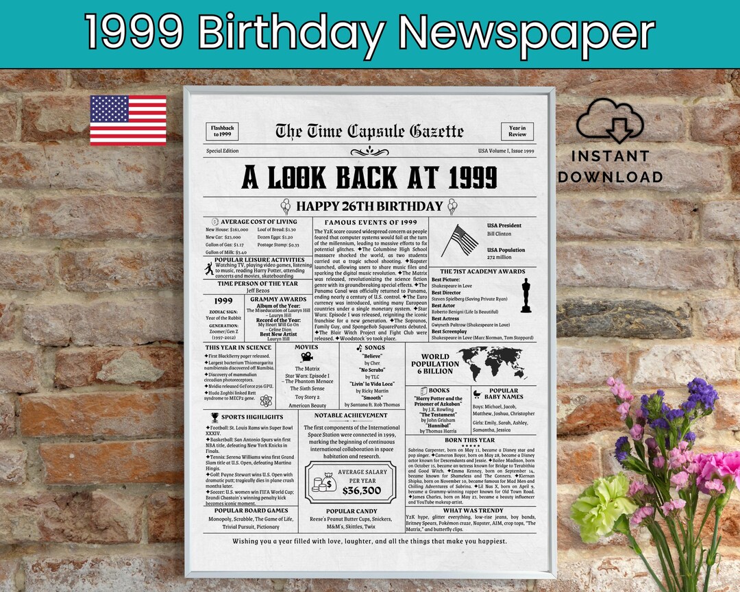 26th Birthday Newspaper, Born in 1999, 26th Birthday Gift, Birthday ...