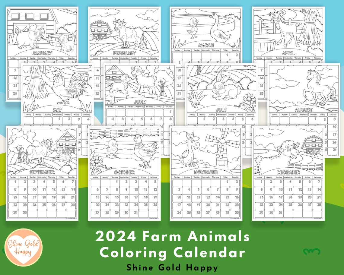 2024 Farm Animals Coloring Calendar, Printable Calendar 2024, PDF ...