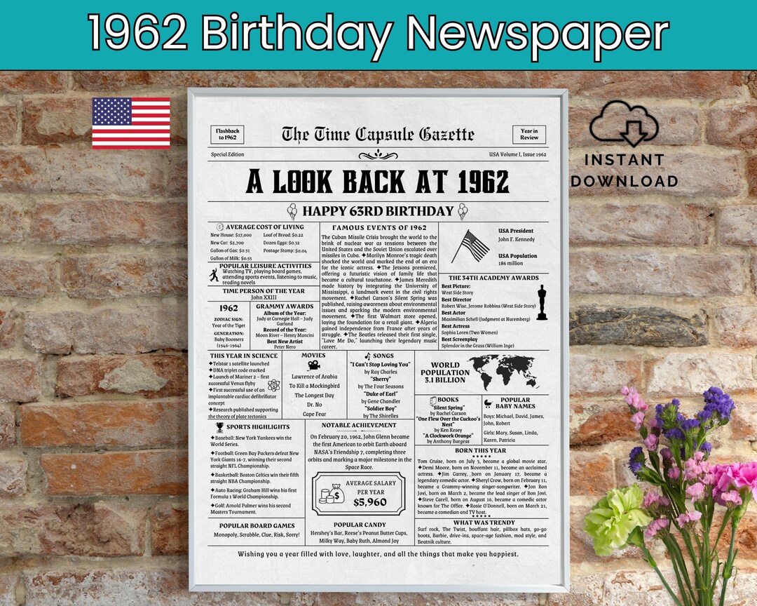 63rd Birthday Newspaper, Born in 1962, 63rd Birthday Gift, Birthday ...