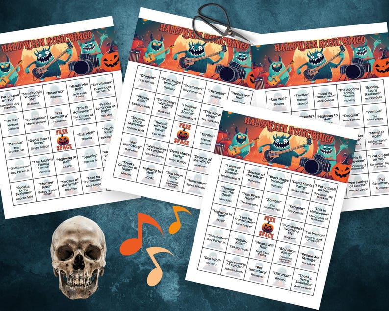 Halloween Music Bingo, Spotify Playlist Included, 50 Unique Bingo Cards ...