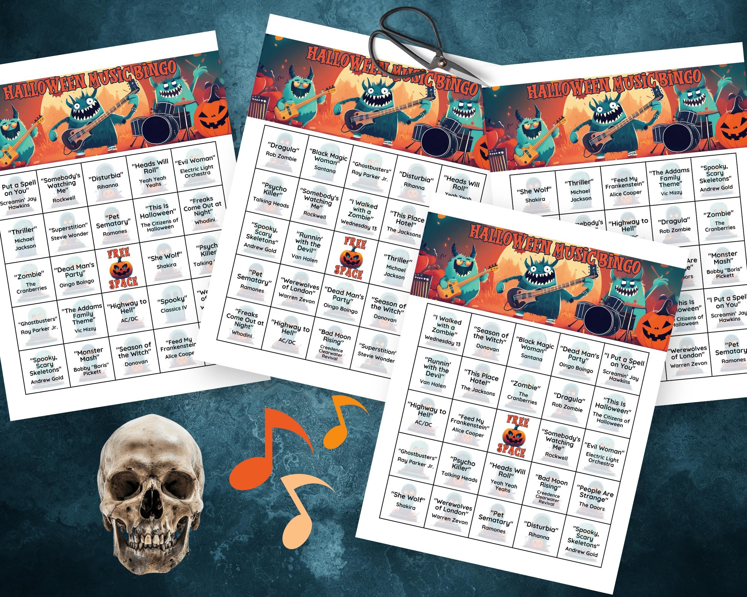 Halloween Music Bingo, Spotify Playlist Included, 50 Unique Bingo Cards ...