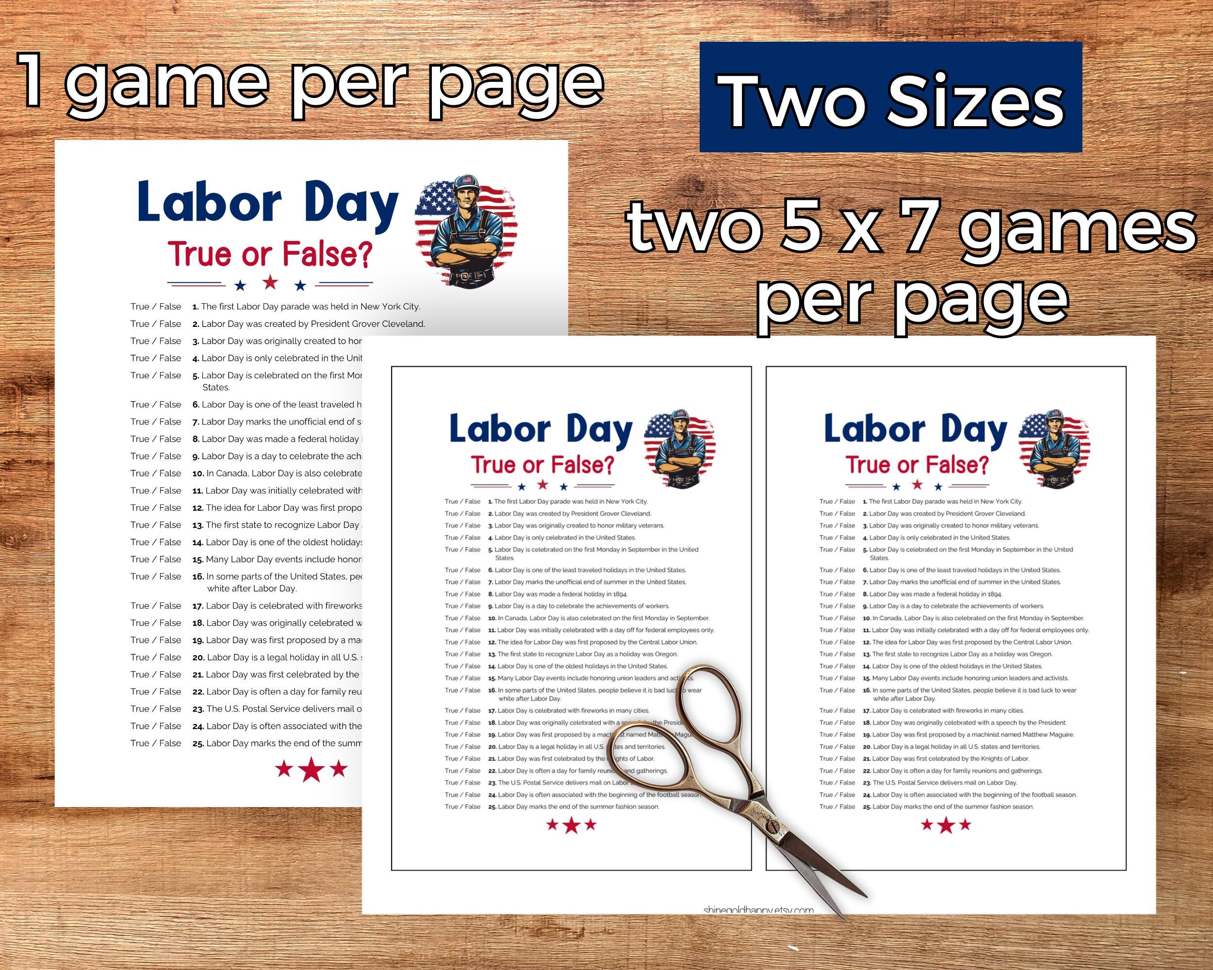 Labor Day Trivia Game, True or False, Labor Day Activity for Kids ...