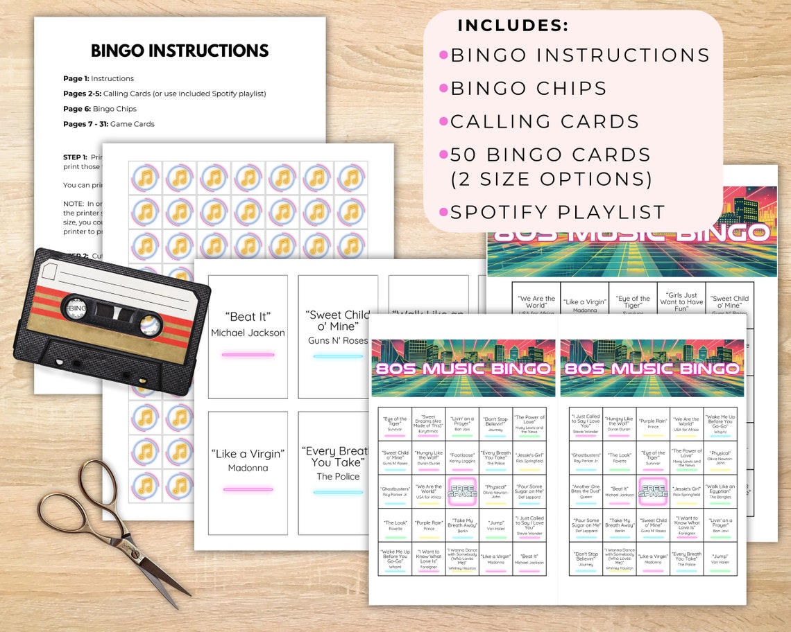 80s Music Bingo Printable Game, Spotify Playlist Included, 50 Unique ...