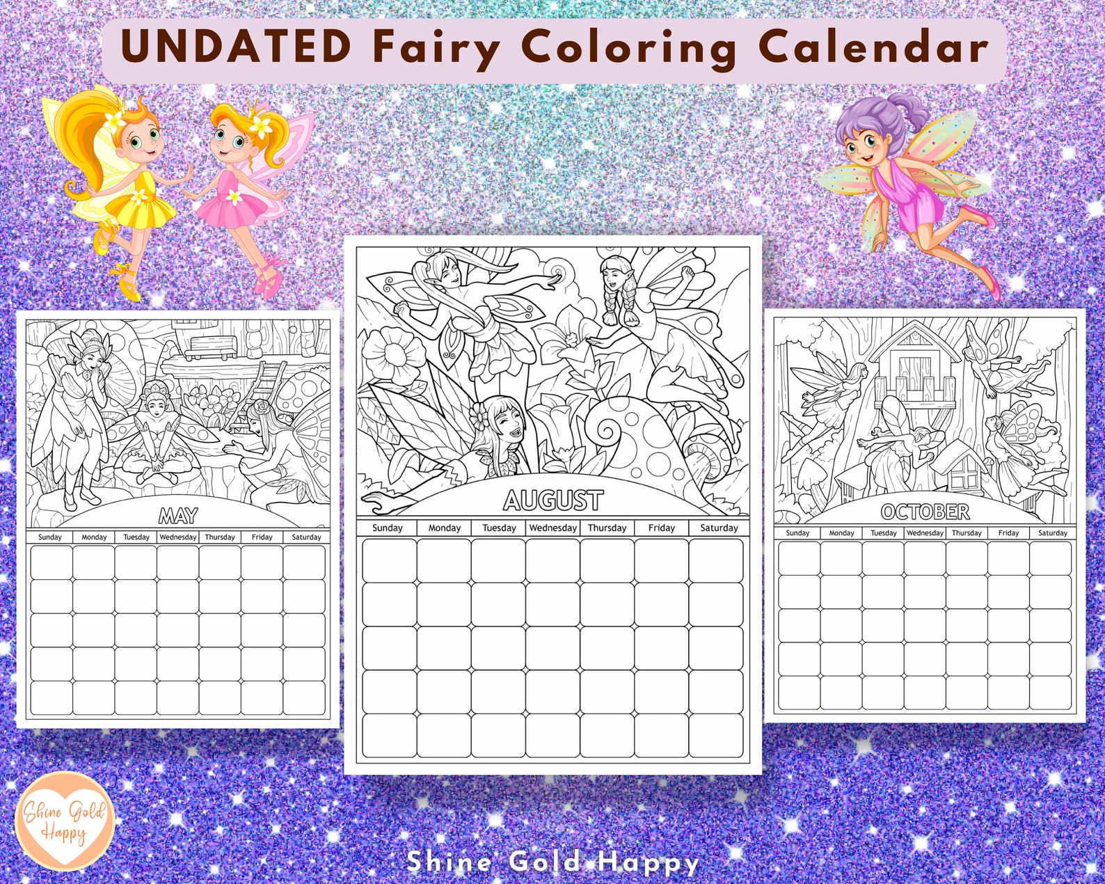 Undated Fairy Coloring Calendar, Printable Calendar, PDF Digital ...