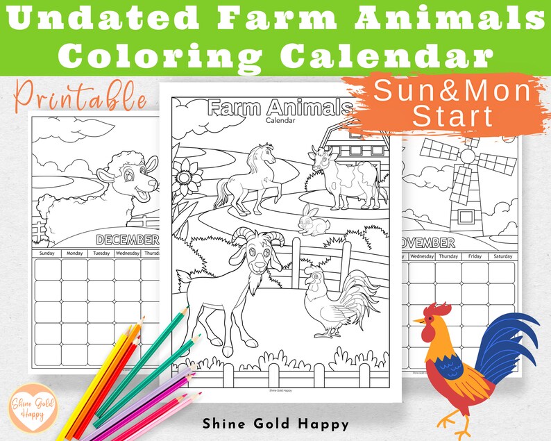 Undated Farm Animals Coloring Calendar | PDF Digital Download Printable ...