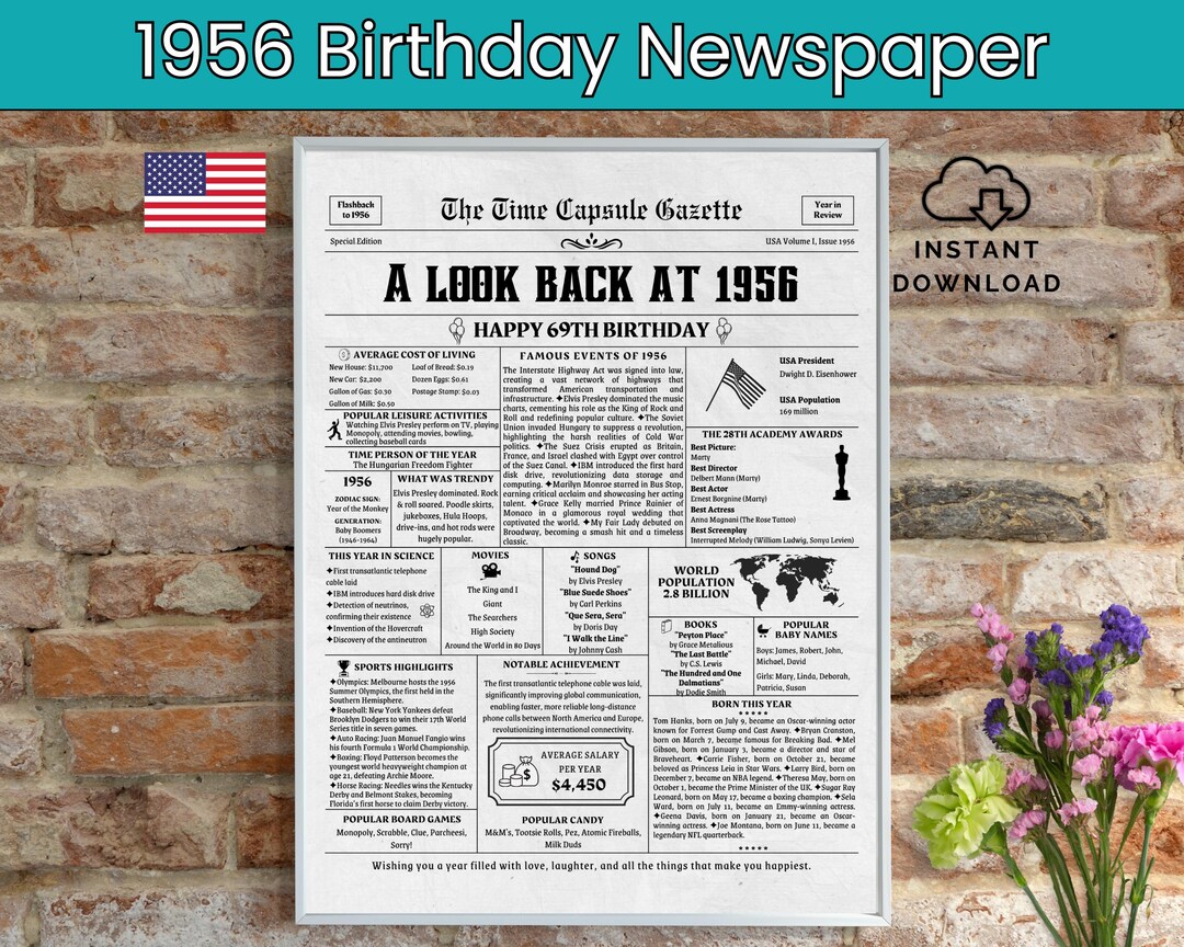 69th Birthday Newspaper, Born in 1956, 69th Birthday Gift, Birthday ...