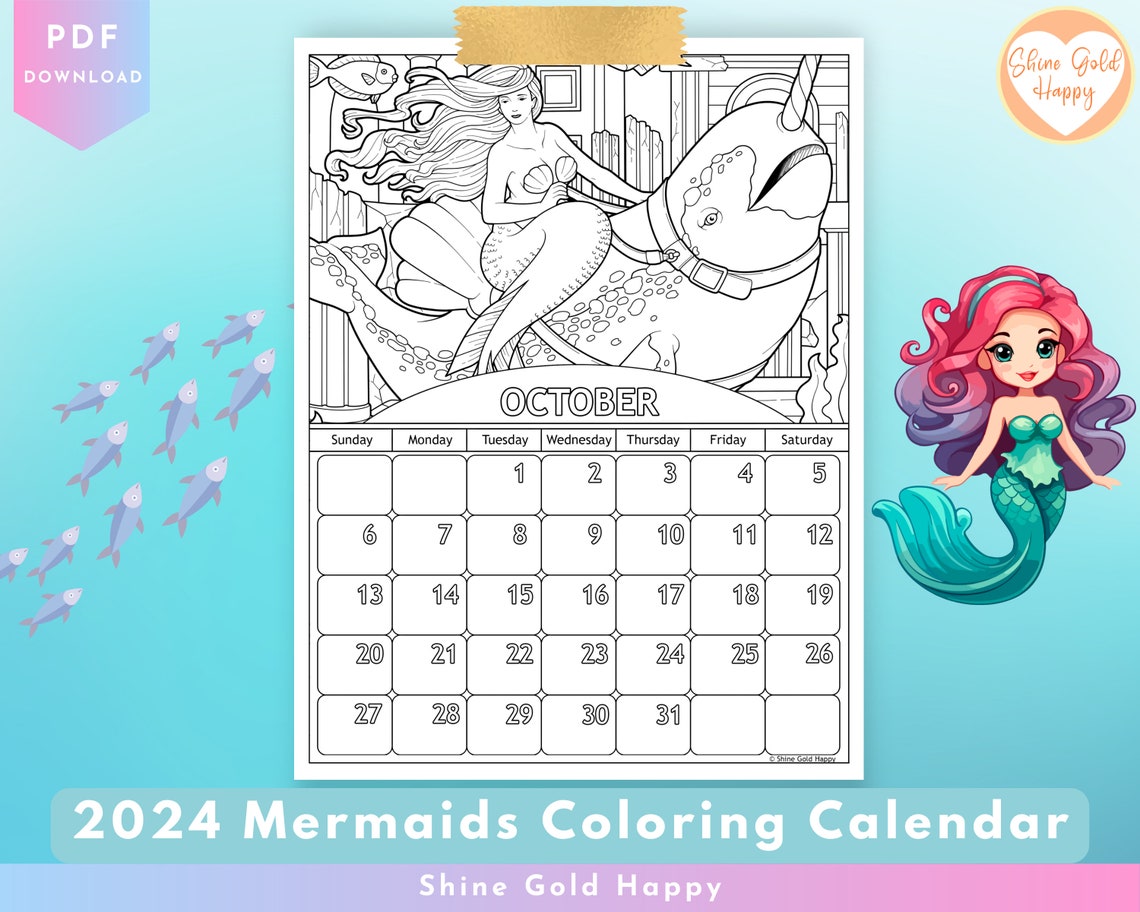 2024 Mermaids Coloring Calendar, Printable Calendar 2024, PDF Digital ...
