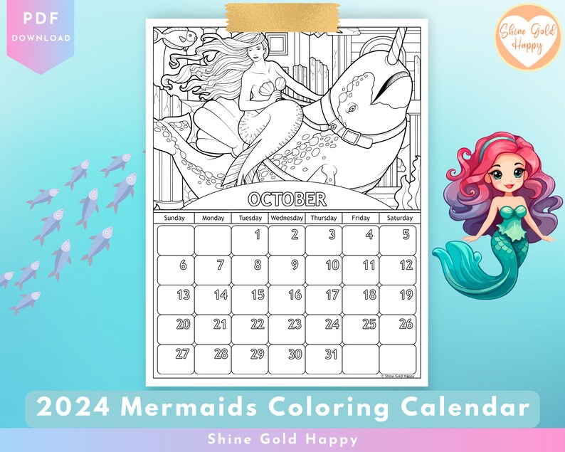 2024 Mermaids Coloring Calendar, Printable Calendar 2024, PDF Digital ...