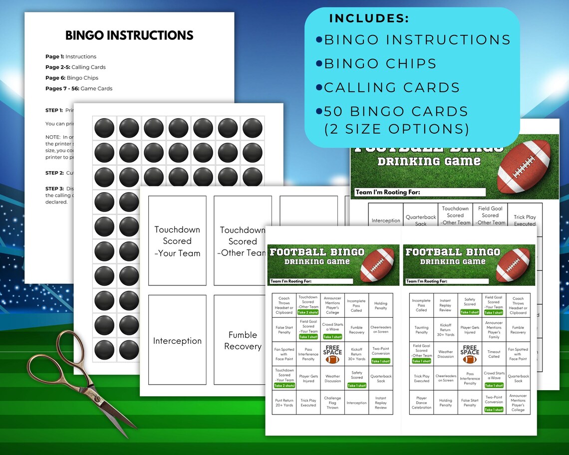 Football Bingo Drinking Game, 50 Unique Bingo Cards, Football Drinking ...