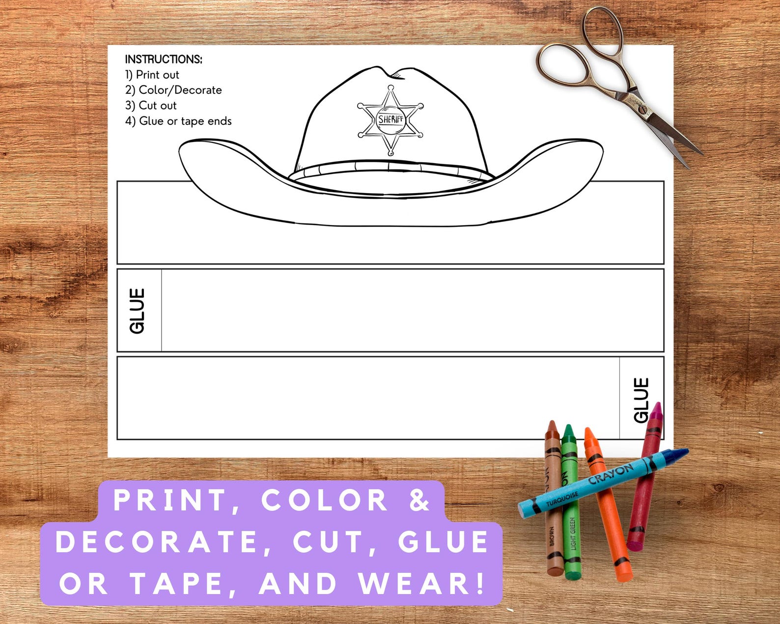 Cowboy Hat Paper Crown, Sheriff Hat, Cowgirl Hat, Coloring Craft for ...