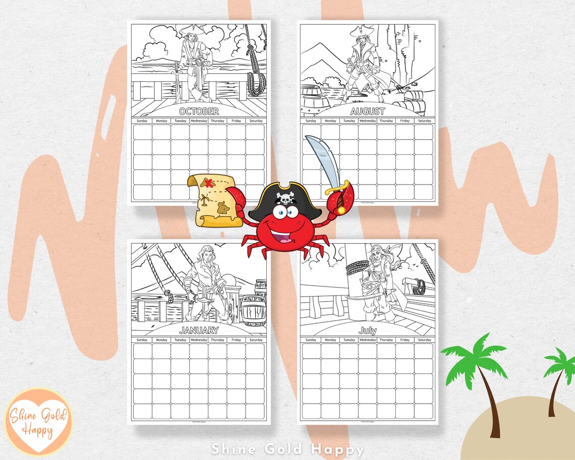 Undated Pirates Coloring Calendar PDF Digital Download | Etsy