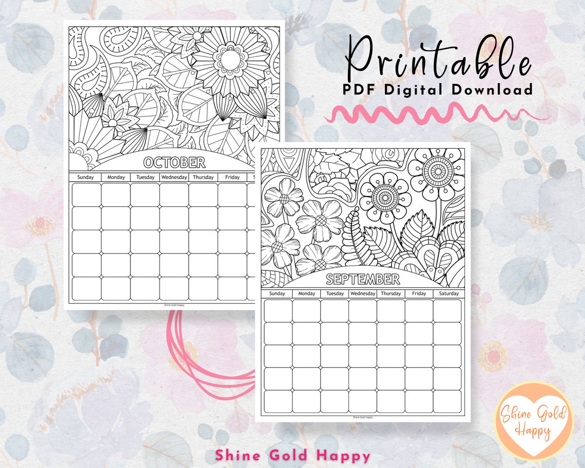 Undated Floral Coloring Calendar PDF Digital Download Printable - Etsy