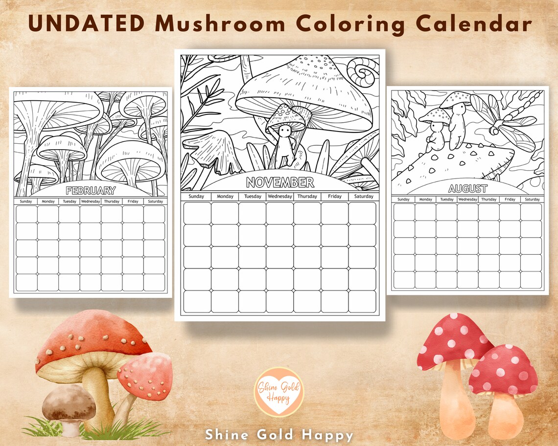 Undated Mushroom Calendar, Printable Calendar, PDF Digital Download ...