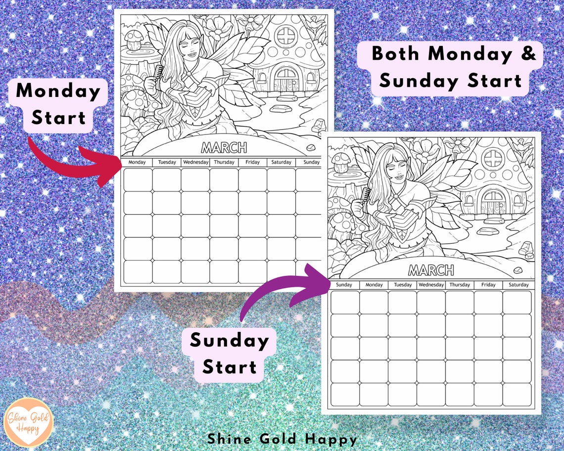 Undated Fairy Coloring Calendar, Printable Calendar, PDF Digital ...
