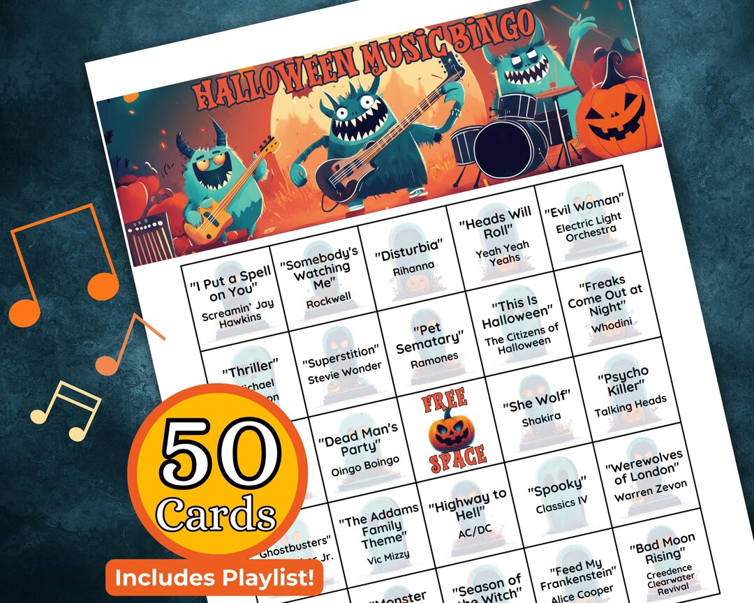 Halloween Music Bingo, Spotify Playlist Included, 50 Unique Bingo Cards ...