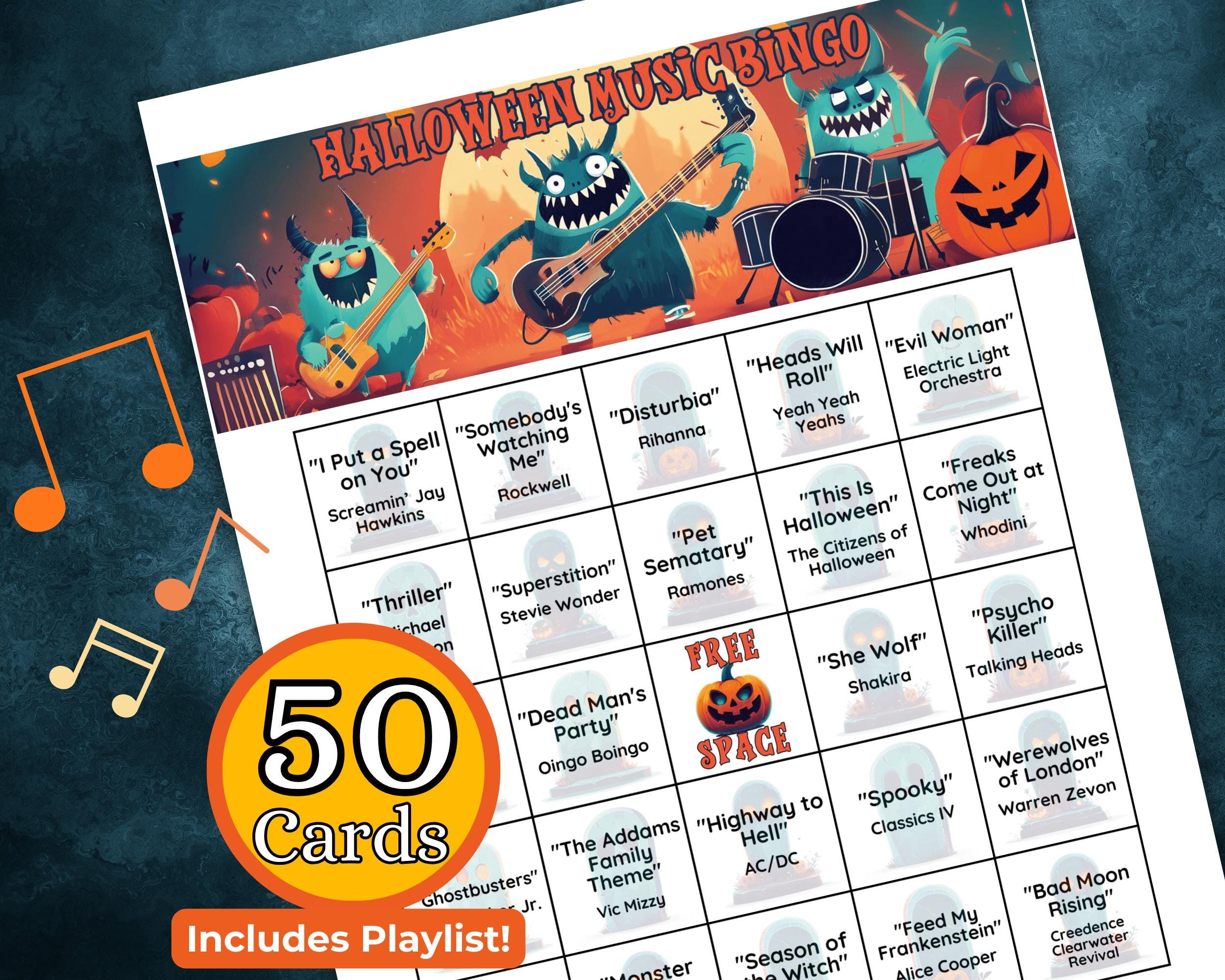 Halloween Music Bingo, Spotify Playlist Included, 50 Unique Bingo Cards ...