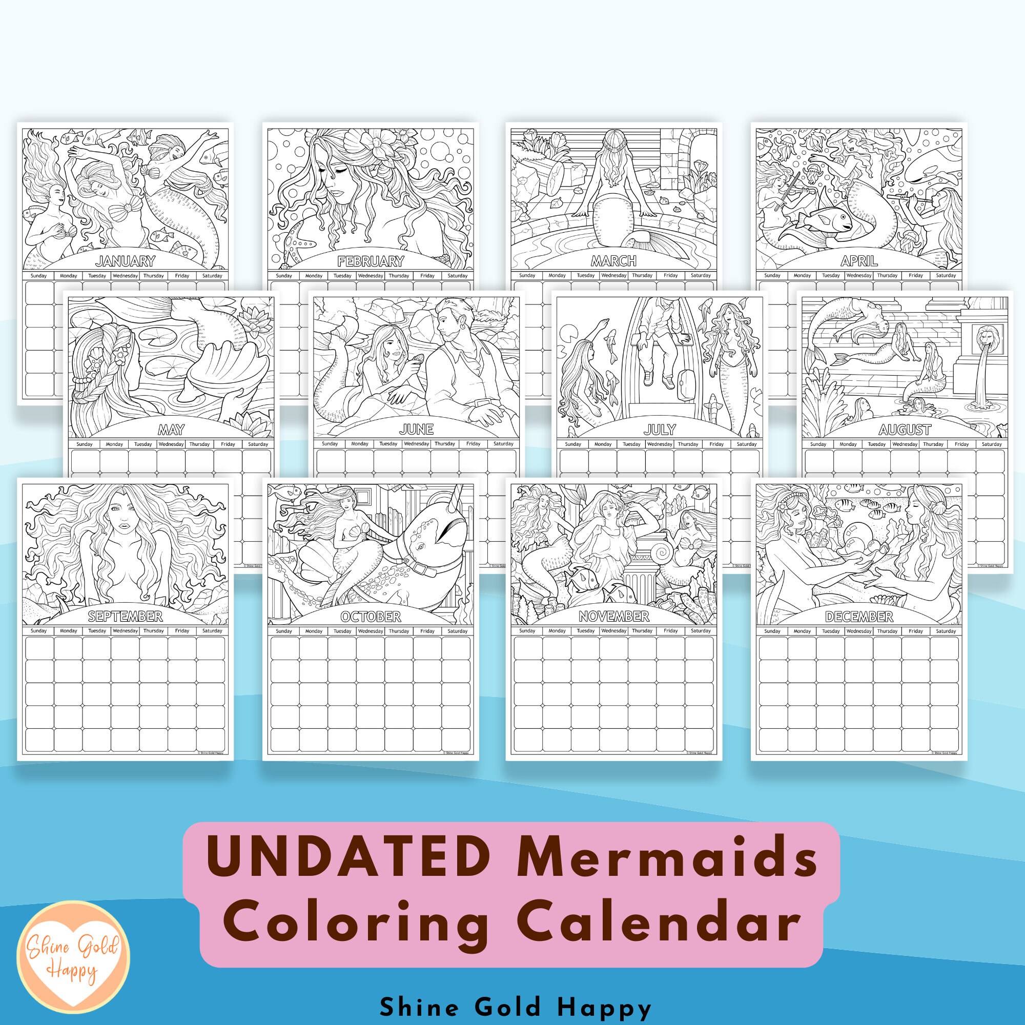 Undated Mermaids Coloring Calendar Printable Monthly - Etsy