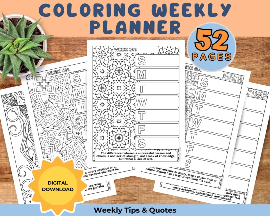 Coloring Weekly Planner, 52 Weeks Tips and Quotes, Weekly Schedule ...