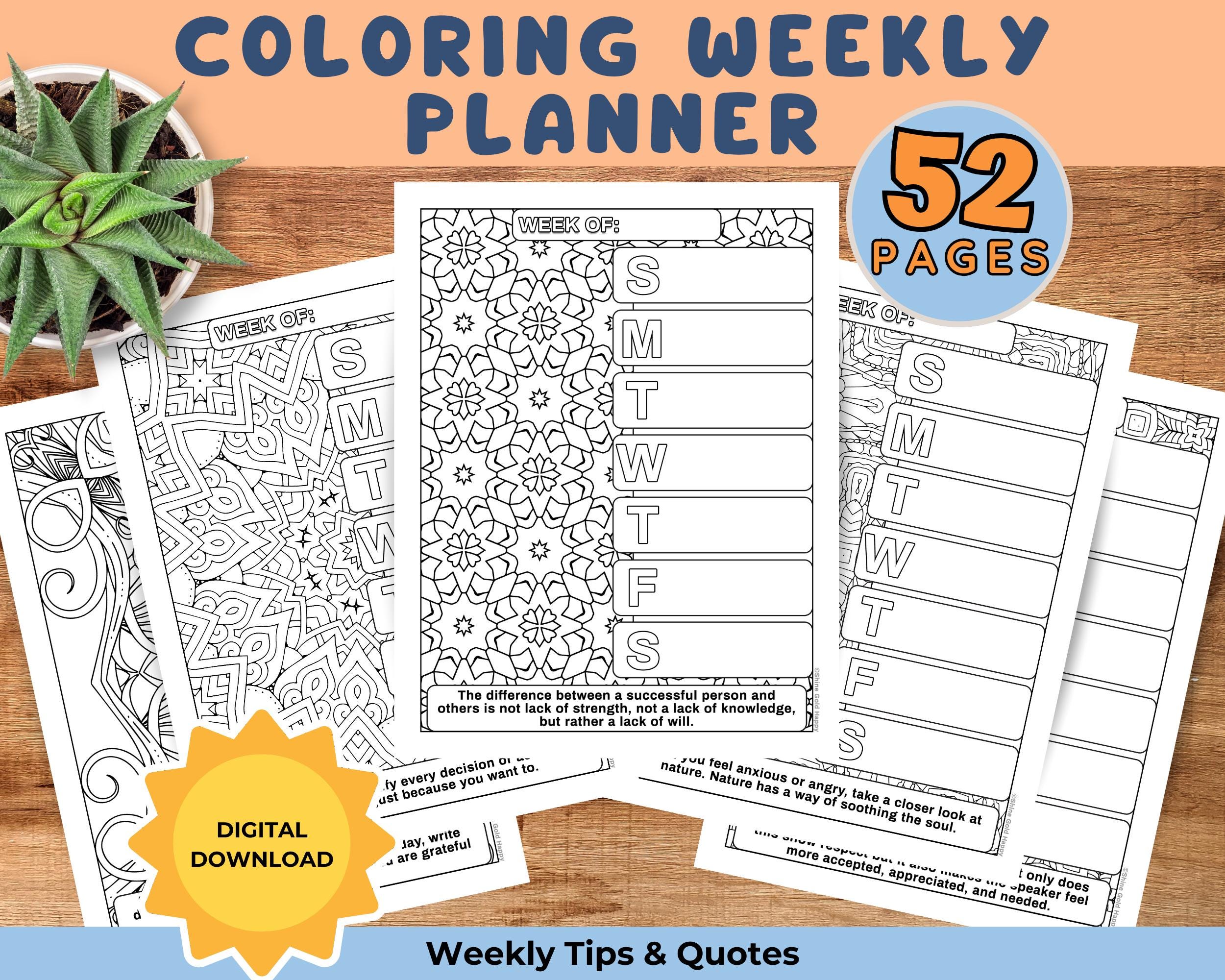 Coloring Weekly Planner, 52 Weeks Tips and Quotes, Weekly Schedule ...
