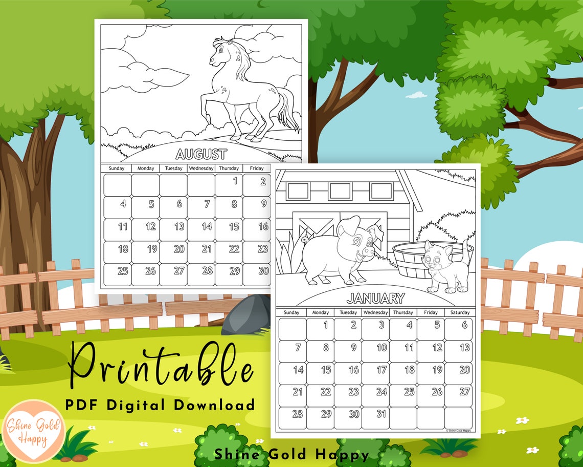 2024 Farm Animals Coloring Calendar, Printable Calendar 2024, PDF ...