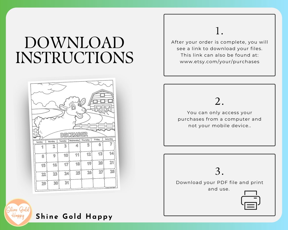 2024 Farm Animals Coloring Calendar, Printable Calendar 2024, PDF ...