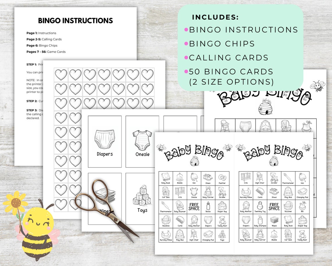 Baby Shower Bingo Honey Bees Printable Game, 50 Bingo Cards, Bee Baby ...