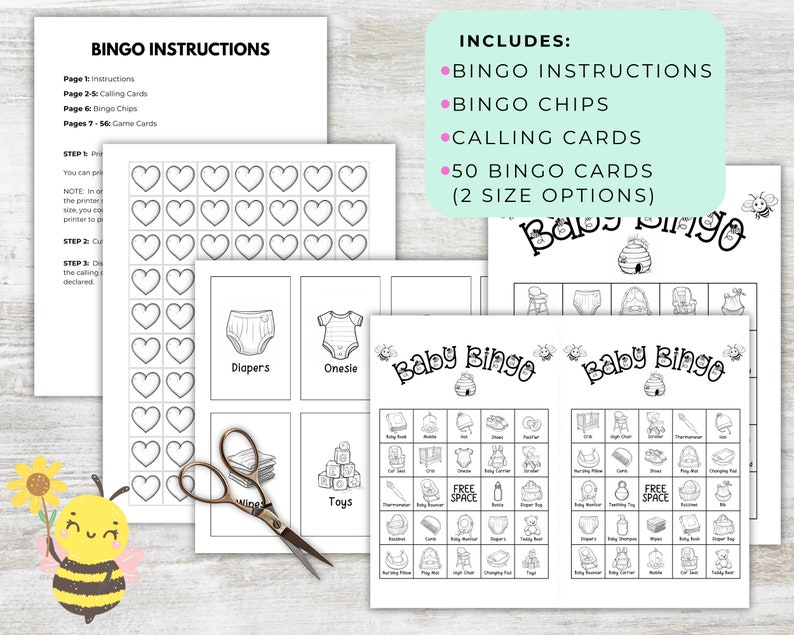 Baby Shower Bingo Honey Bees Printable Game, 50 Bingo Cards, Bee Baby ...