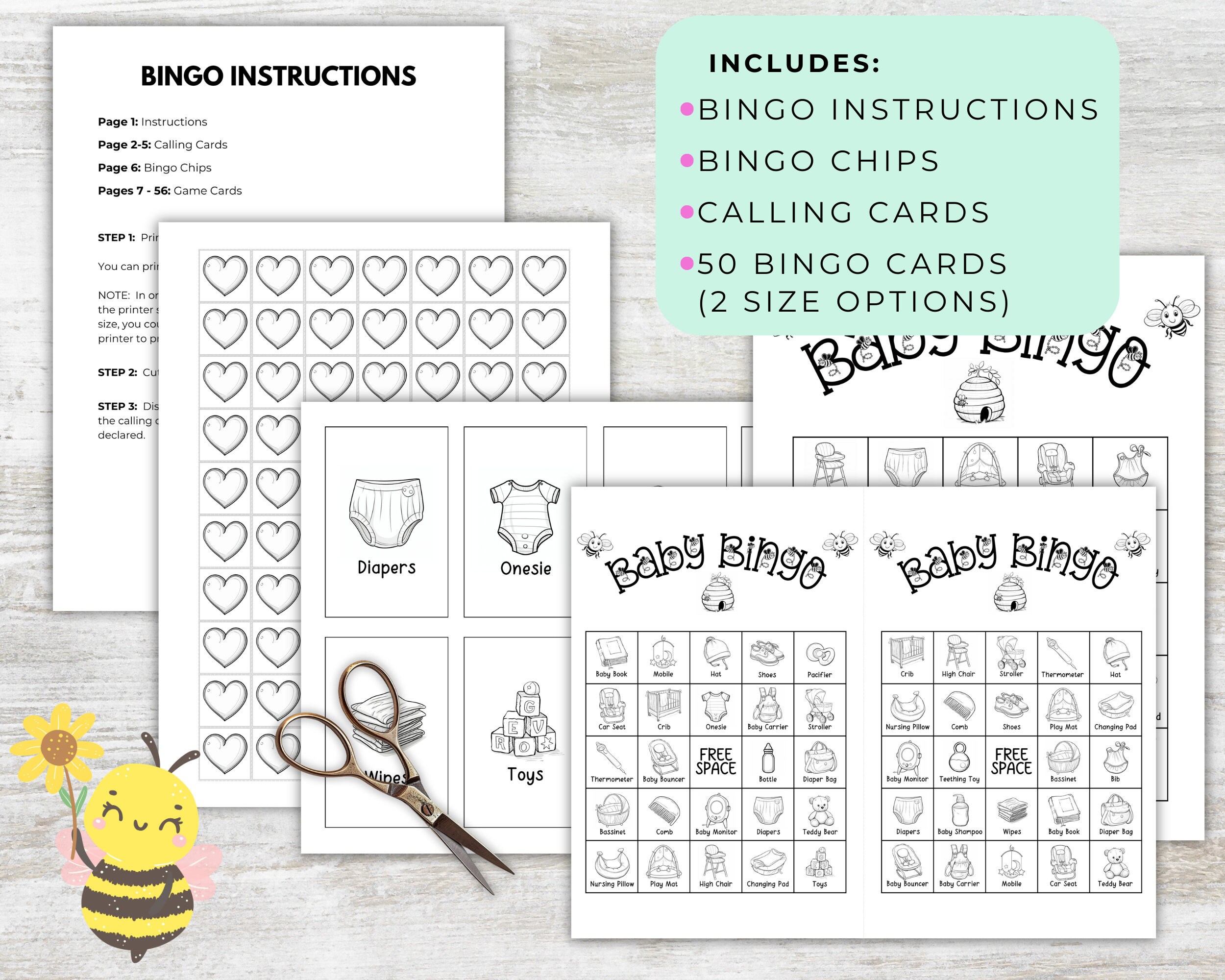 Baby Shower Bingo Honey Bees Printable Game, 50 Bingo Cards, Bee Baby ...