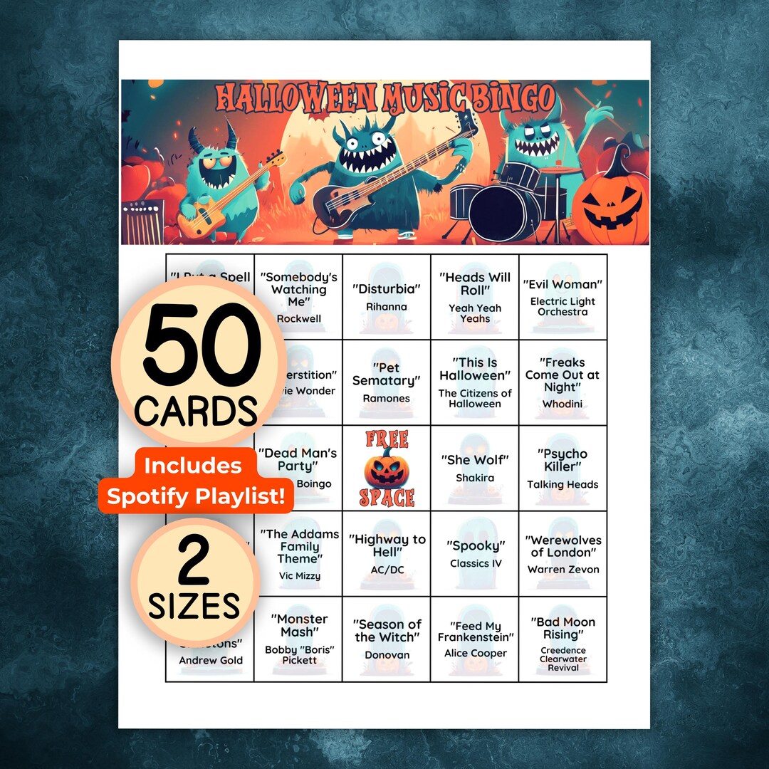 Halloween Music Bingo Game, 50 Unique Bingo Cards, Spotify Playlist 30 ...