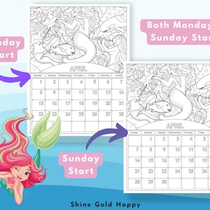 2024 Mermaids Coloring Calendar, Printable Calendar 2024, PDF Digital ...