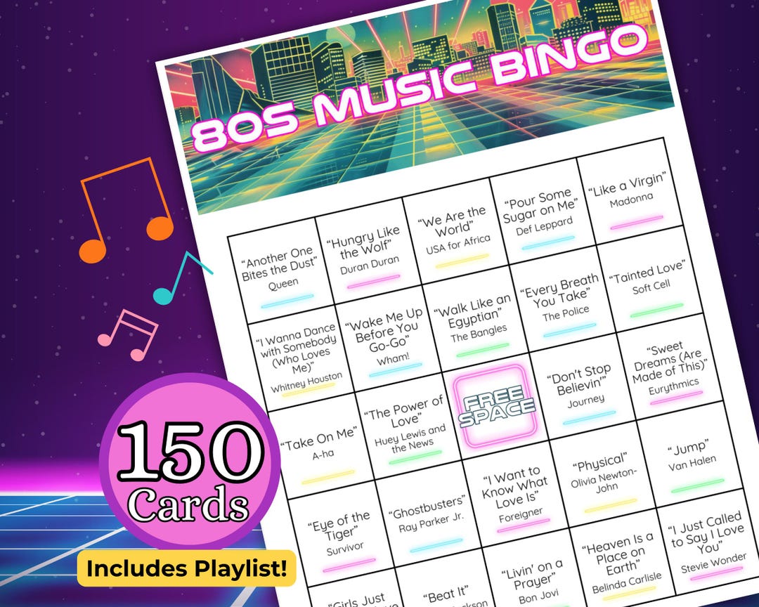80s Music Bingo Printable Game, Spotify Playlist Included, 150 Unique ...