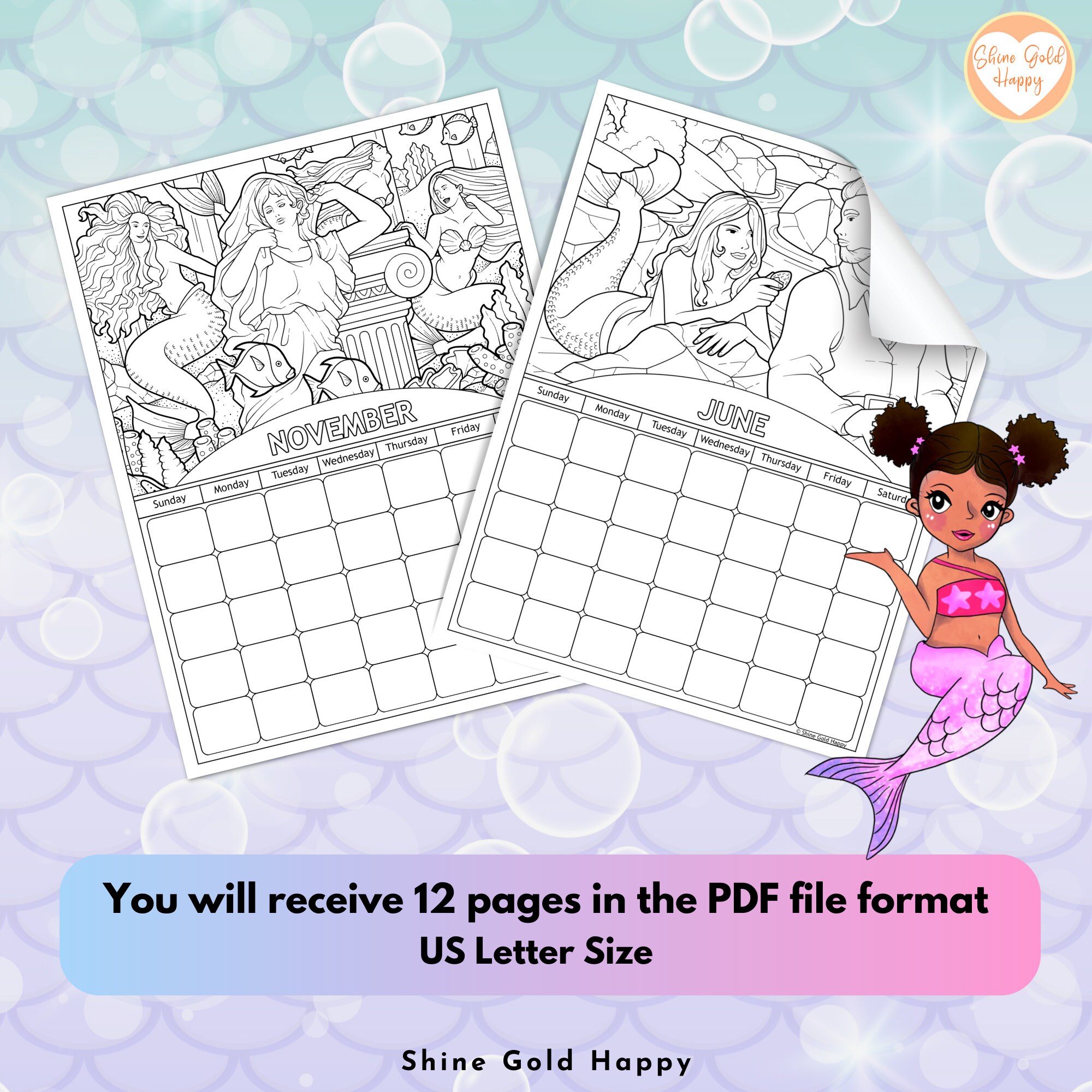 Undated Mermaids Coloring Calendar Printable Monthly - Etsy