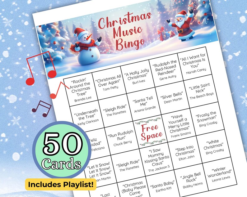 Christmas Music Bingo, 50 Unique Cards, Christmas Song Game, Christmas ...