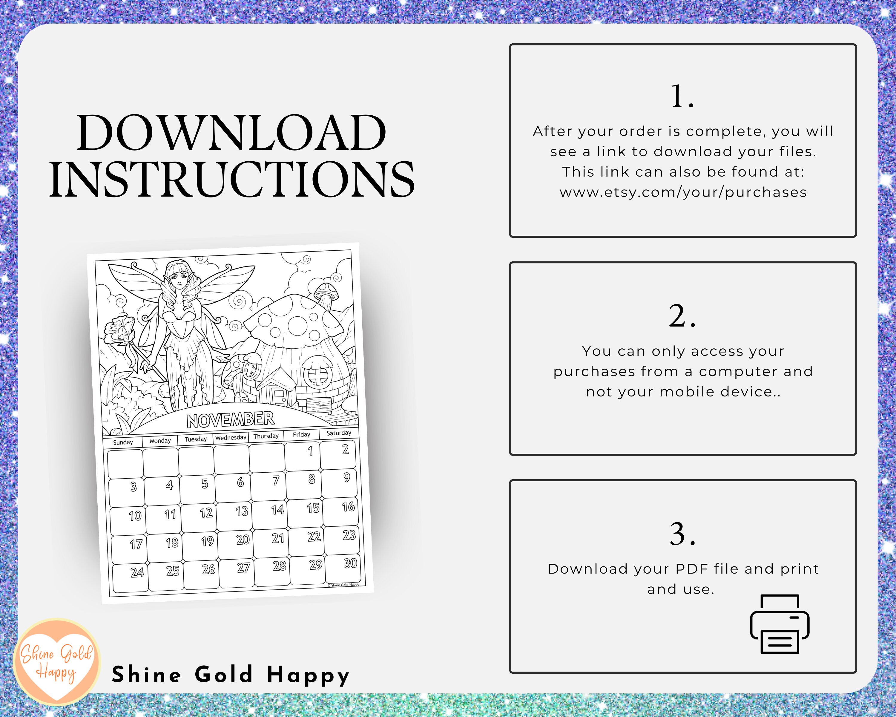 2024 Fairy Coloring Calendar, Printable Calendar 2024, PDF Digital ...