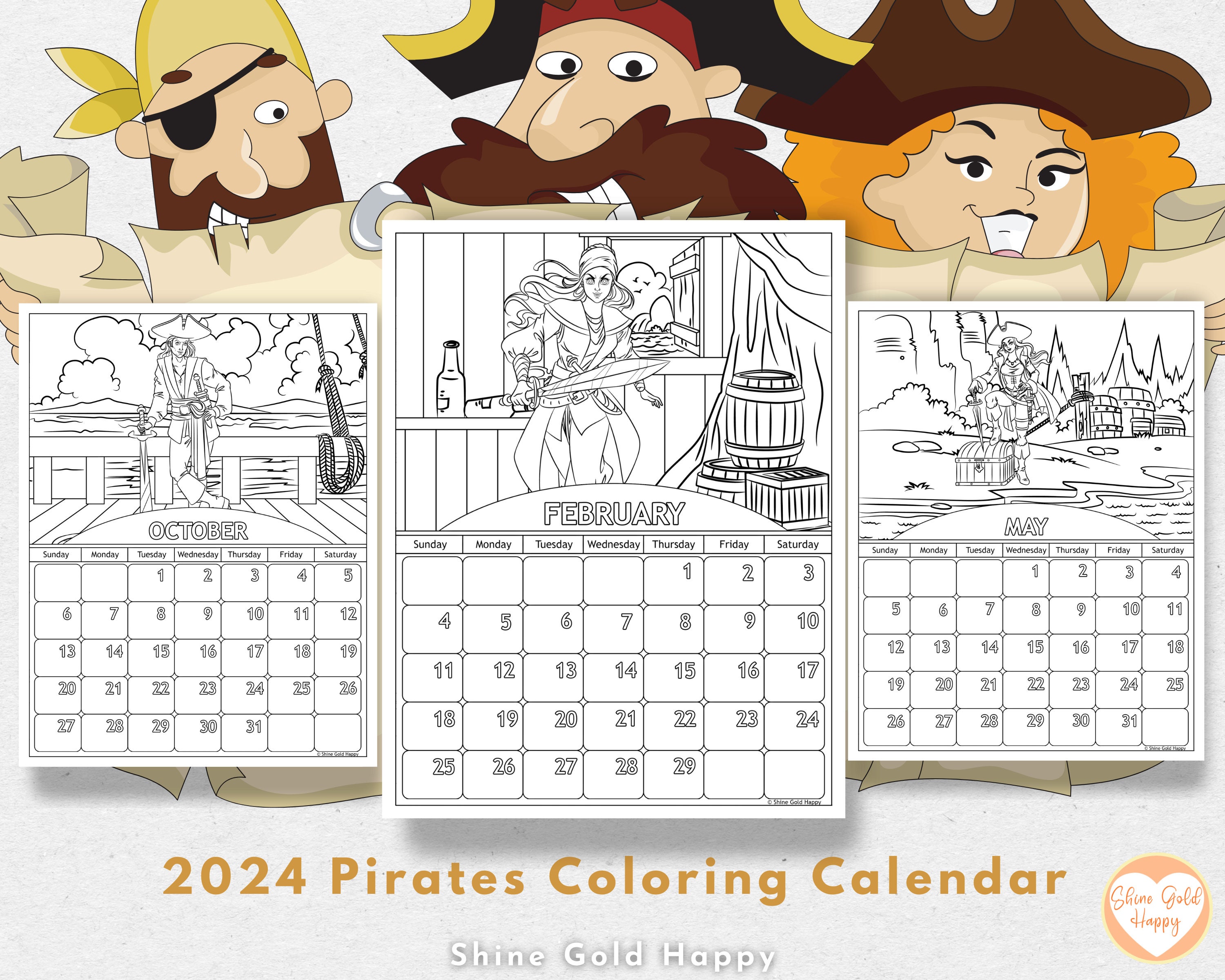 2024 Pirates Coloring Calendar, Printable Calendar 2024, PDF Digital ...