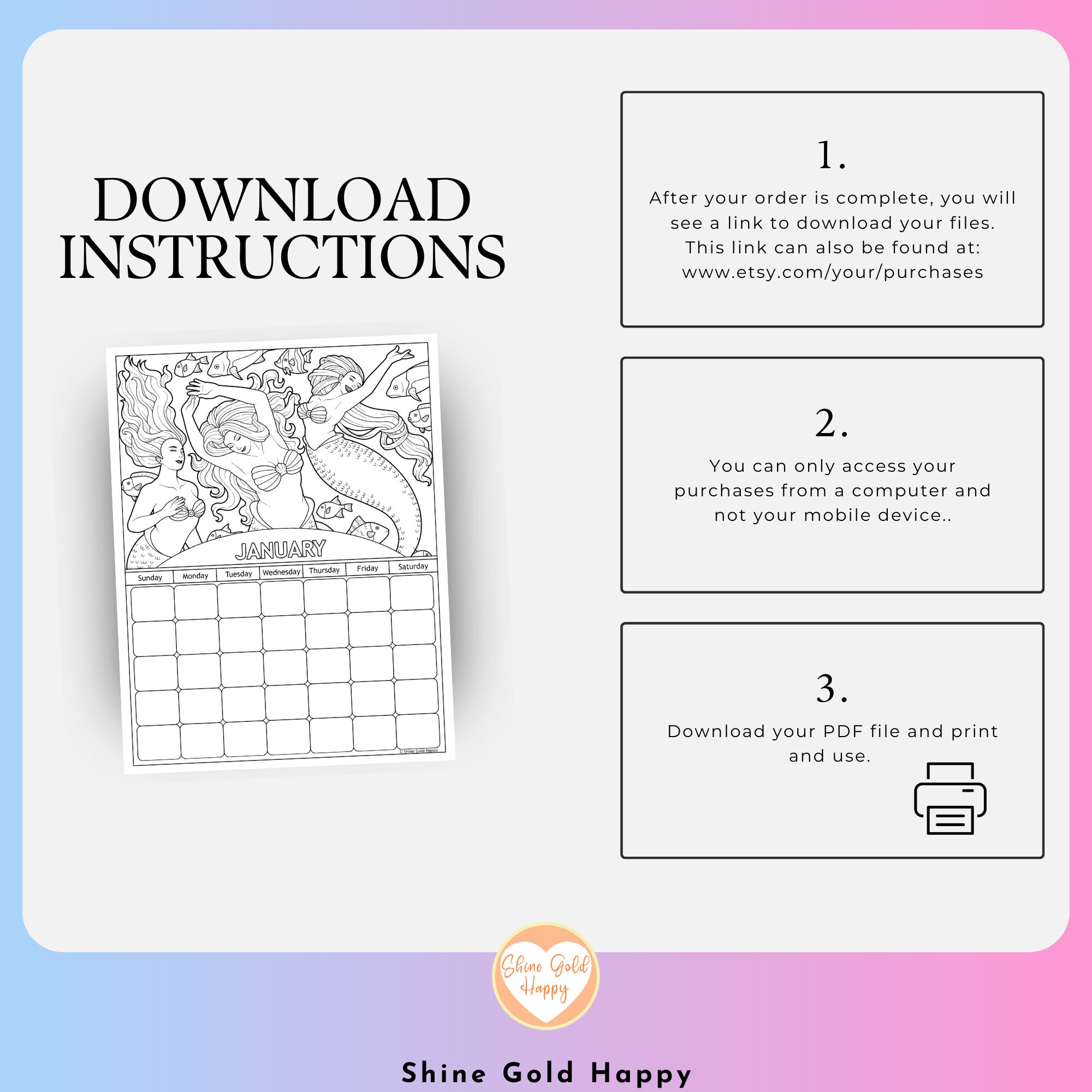 Undated Mermaids Coloring Calendar Printable Monthly - Etsy