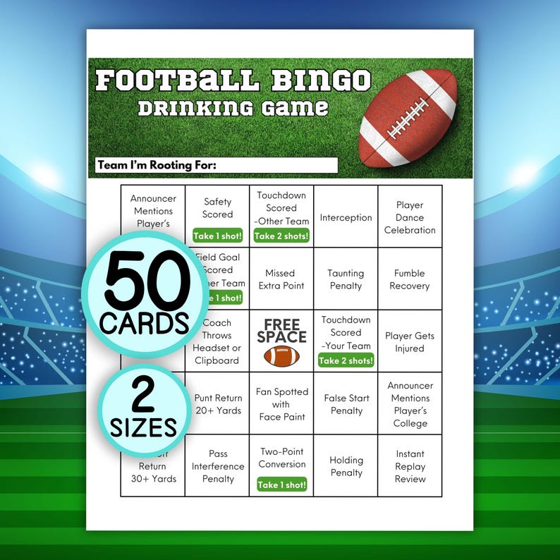 Football Bingo Drinking Game, 50 Unique Bingo Cards, Watch Party ...