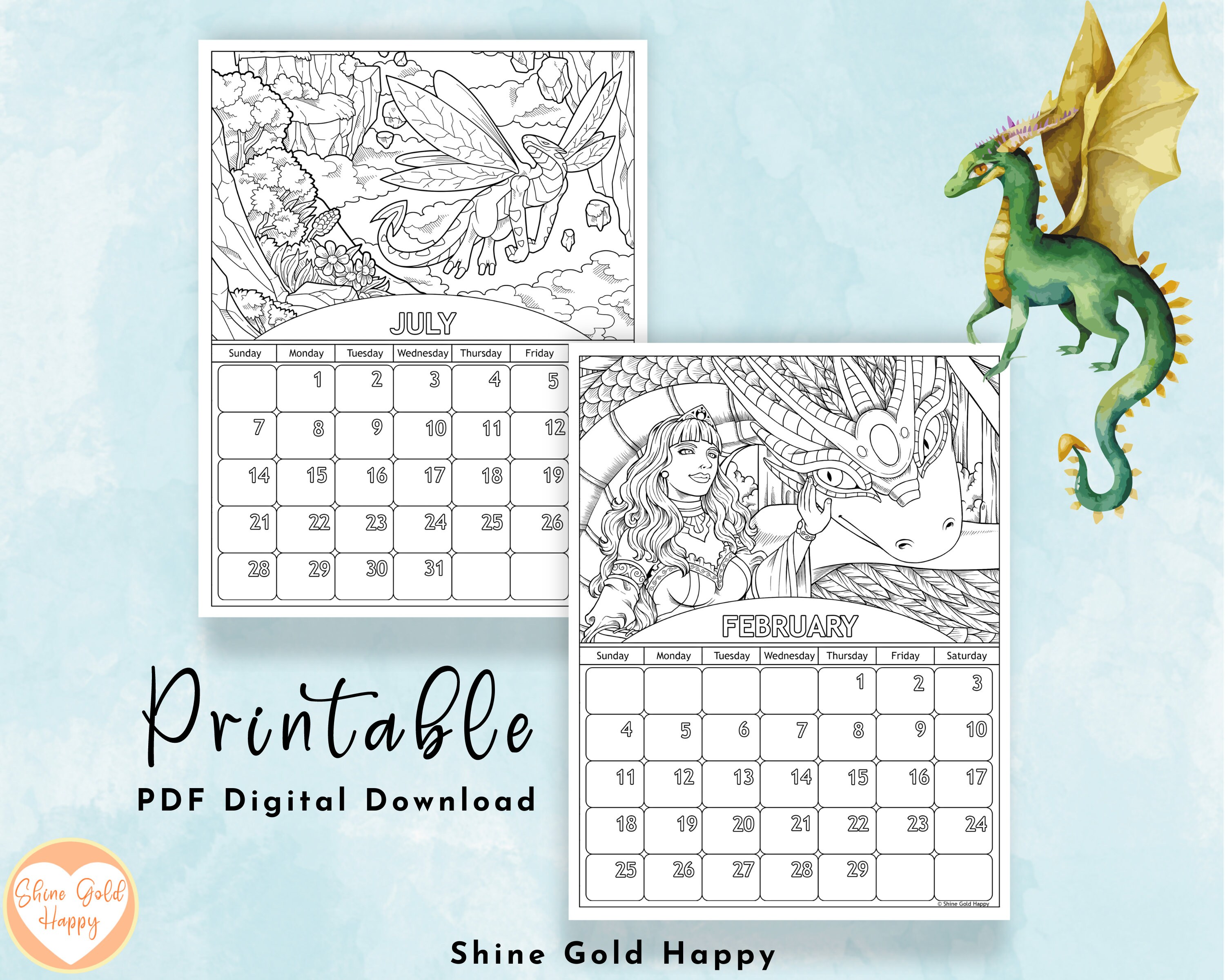 2024 Dragons Coloring Calendar, Printable Calendar 2024, PDF Digital ...