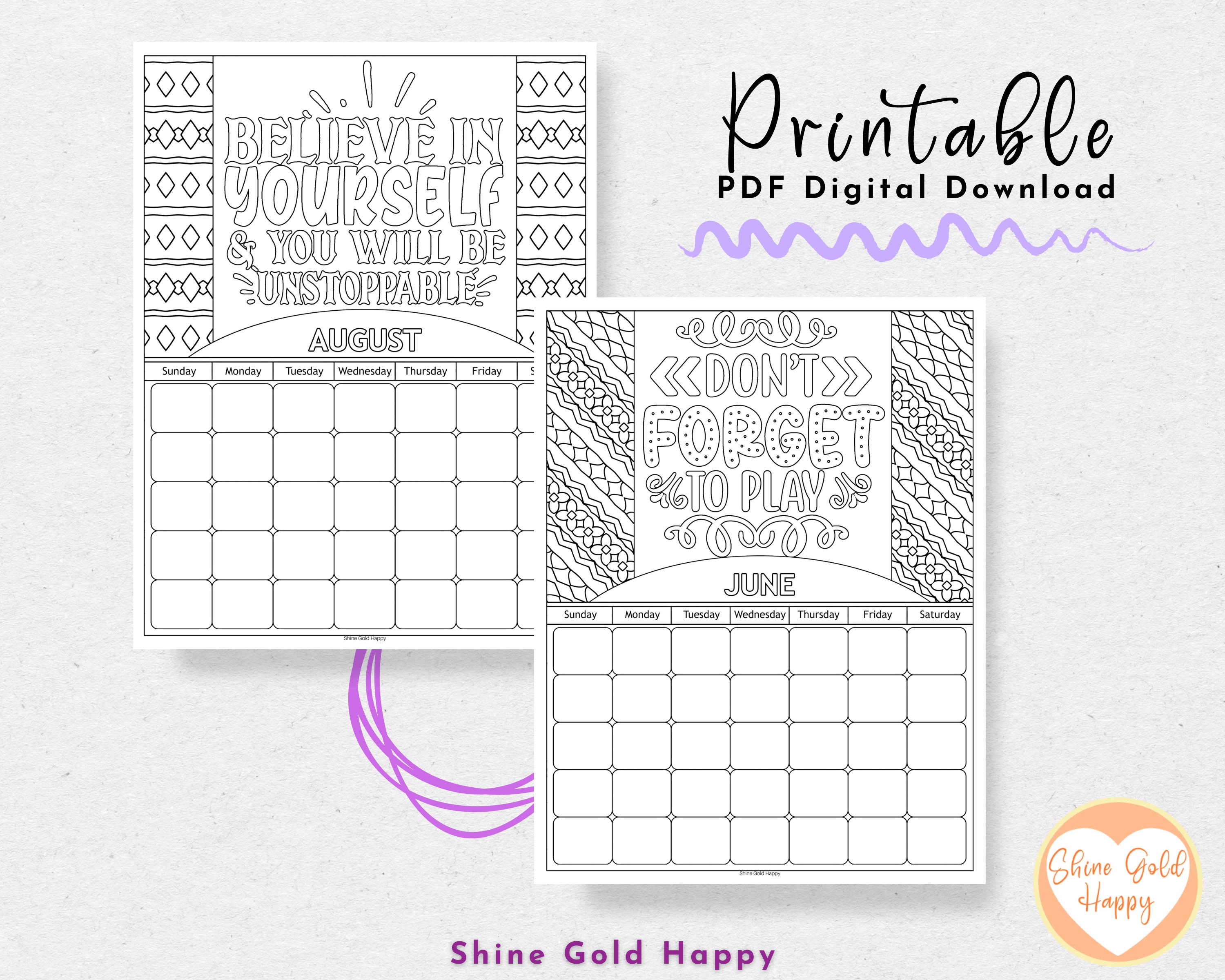 Undated Motivational Coloring Calendar PDF Digital Download Printable ...
