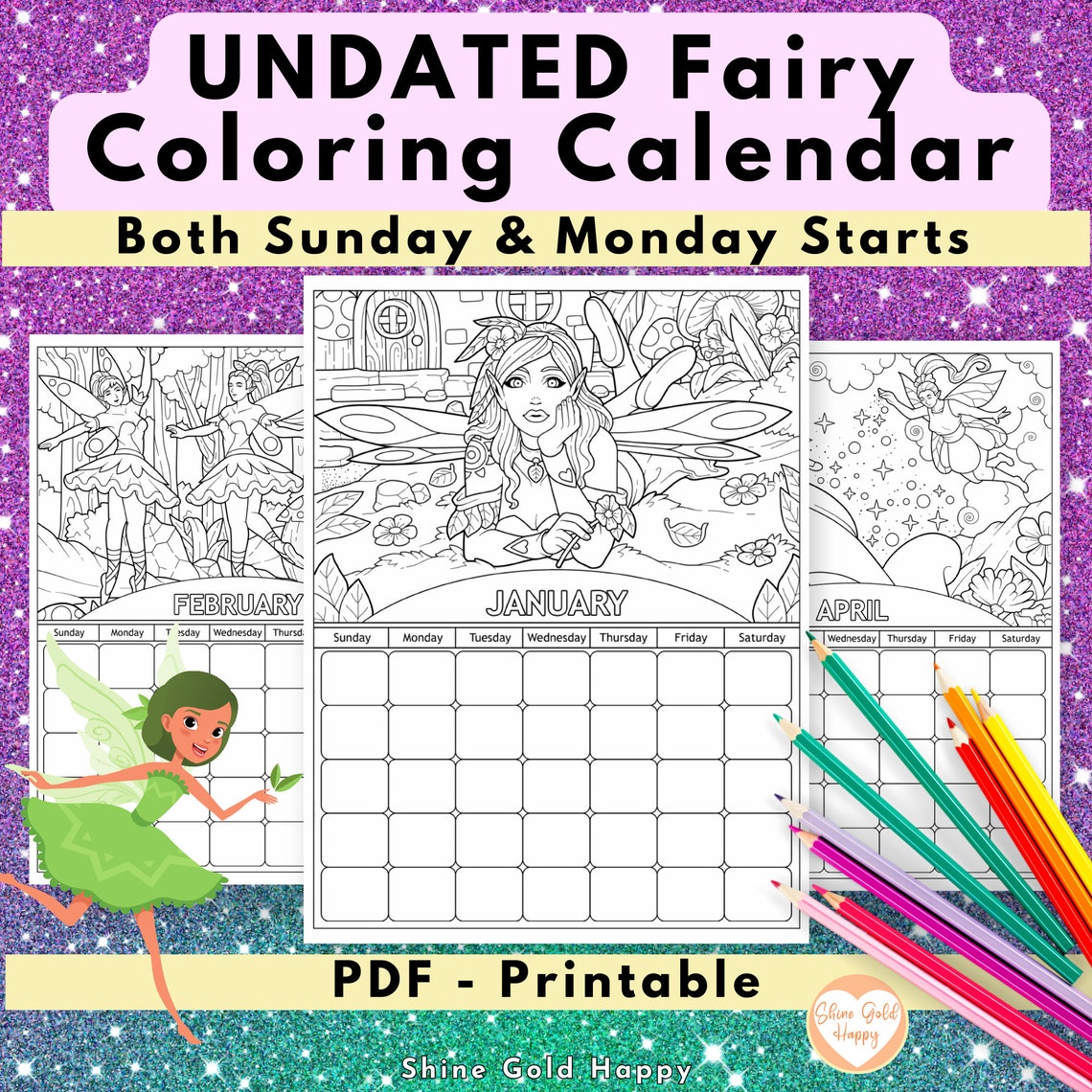 Undated Fairy Coloring Calendar, Printable Calendar, PDF Digital ...