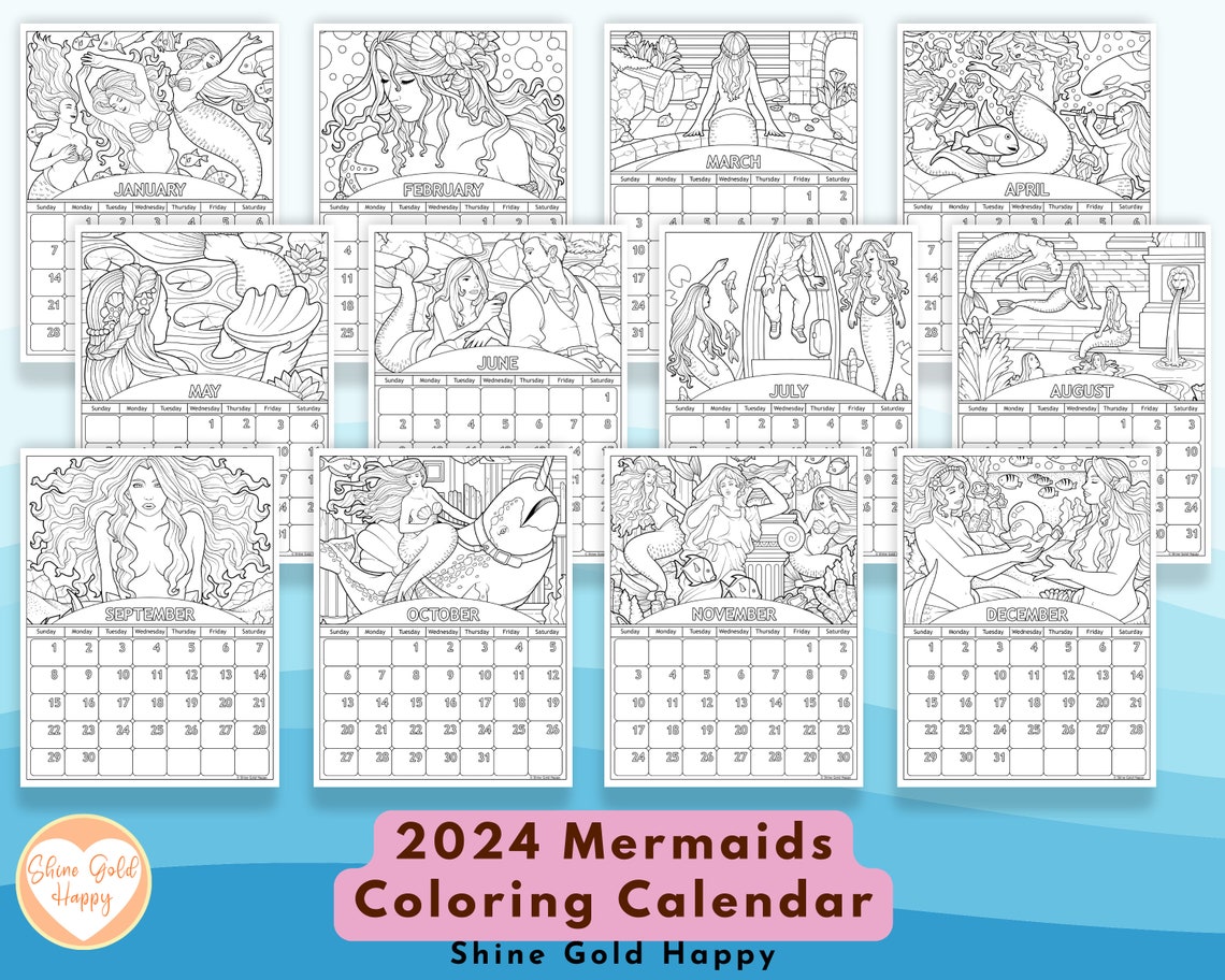 2024 Mermaids Coloring Calendar, Printable Calendar 2024, PDF Digital ...