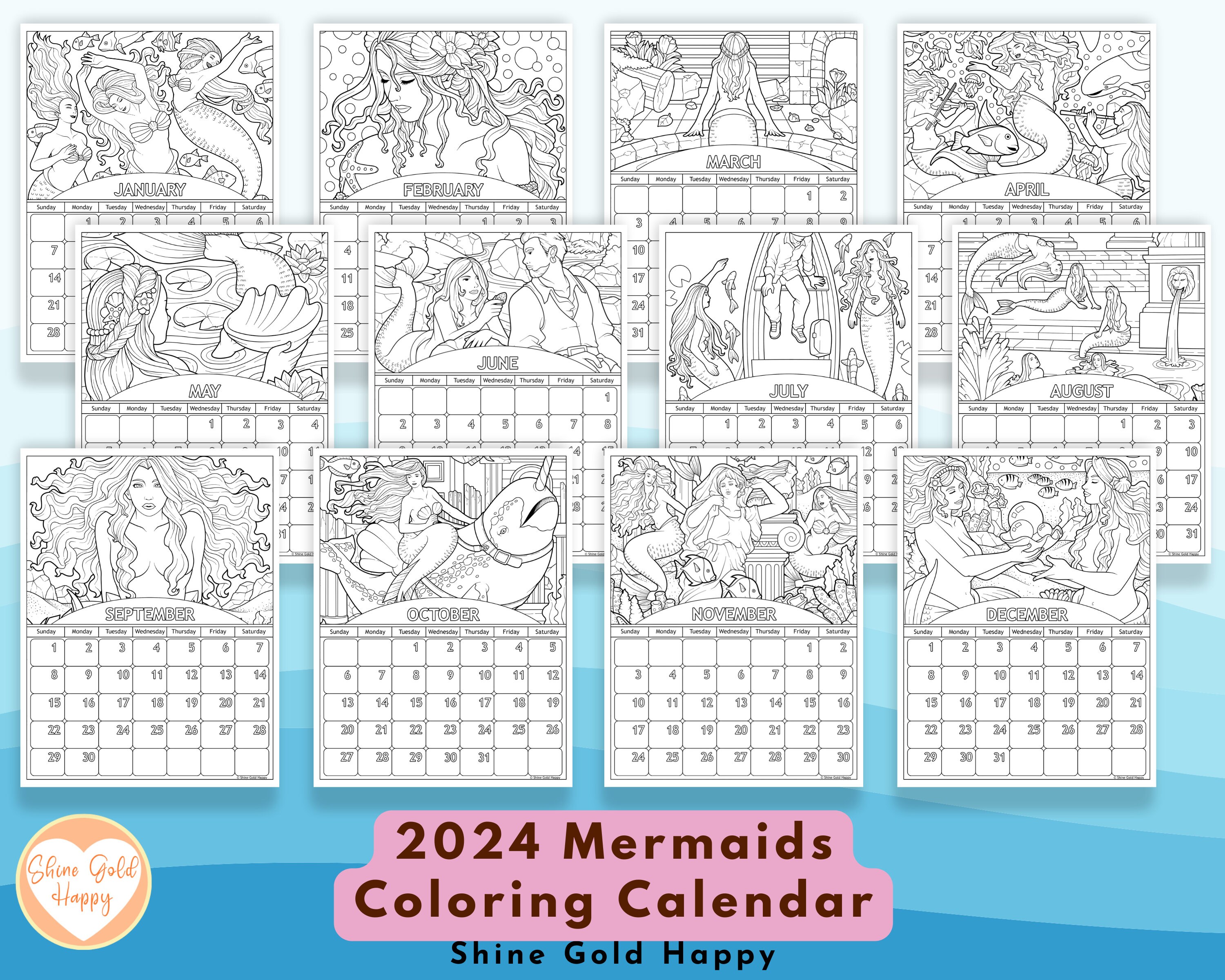 2024 Mermaids Coloring Calendar, Printable Calendar 2024, PDF Digital ...