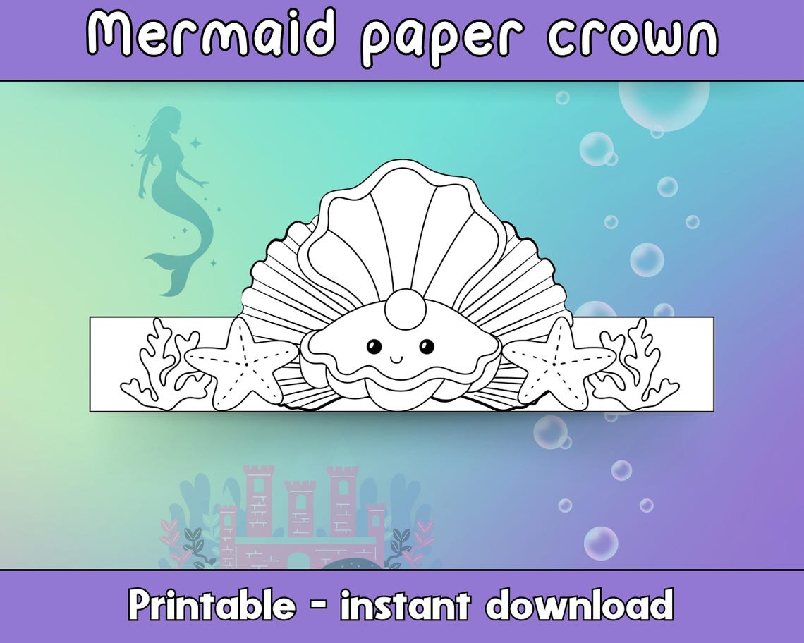 Mermaid Paper Crown, Birthday Party, Mermaid Coloring Craft for Kids ...