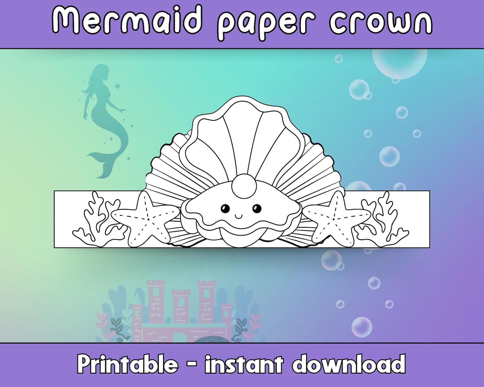 Mermaid Paper Crown, Birthday Party, Mermaid Coloring Craft for Kids ...