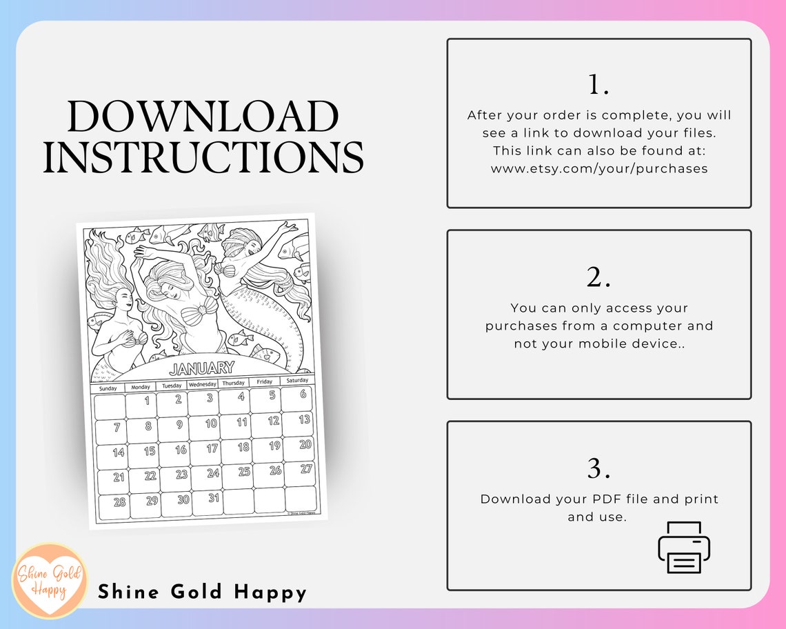 2024 Mermaids Coloring Calendar, Printable Calendar 2024, PDF Digital ...