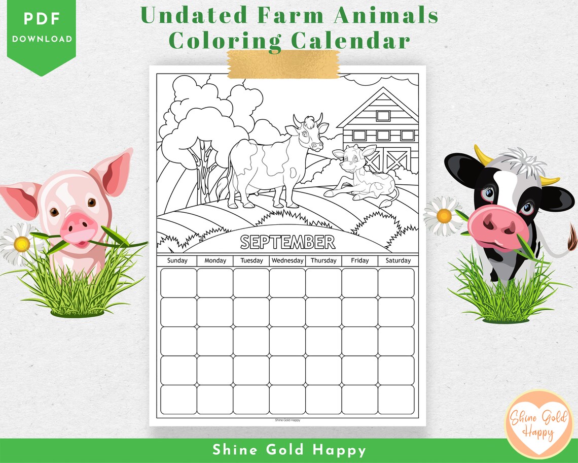 Undated Farm Animals Coloring Calendar | PDF Digital Download Printable ...