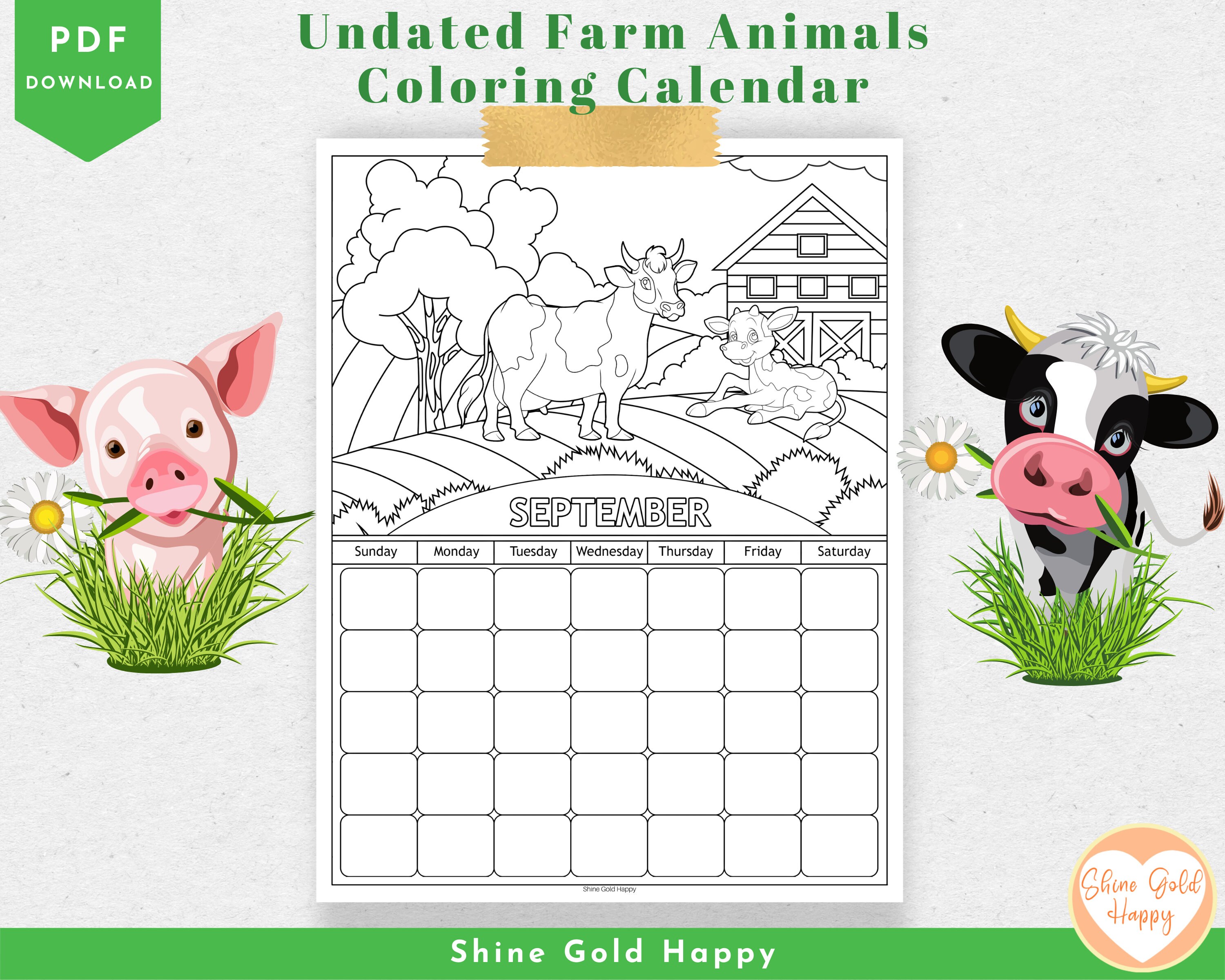 Undated Farm Animals Coloring Calendar | PDF Digital Download Printable ...