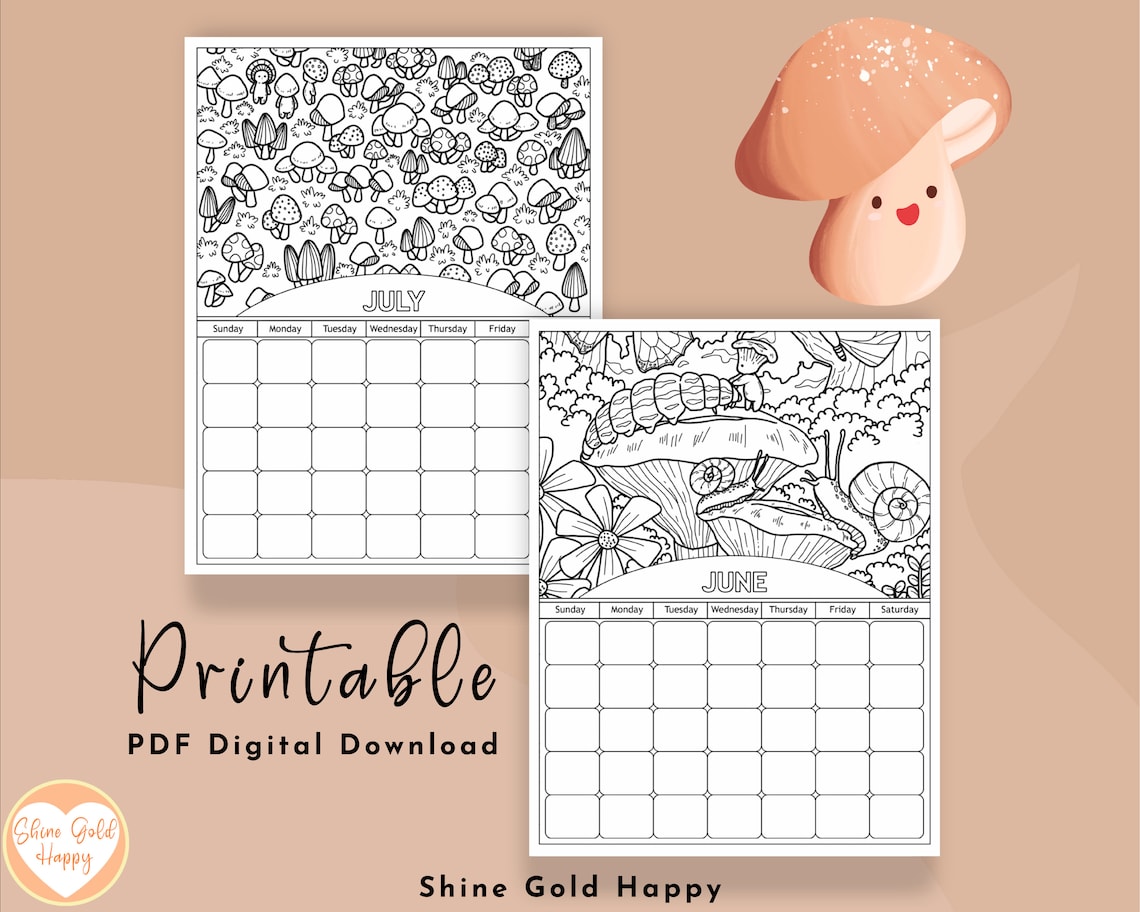 Undated Mushroom Calendar, Printable Calendar, PDF Digital Download ...
