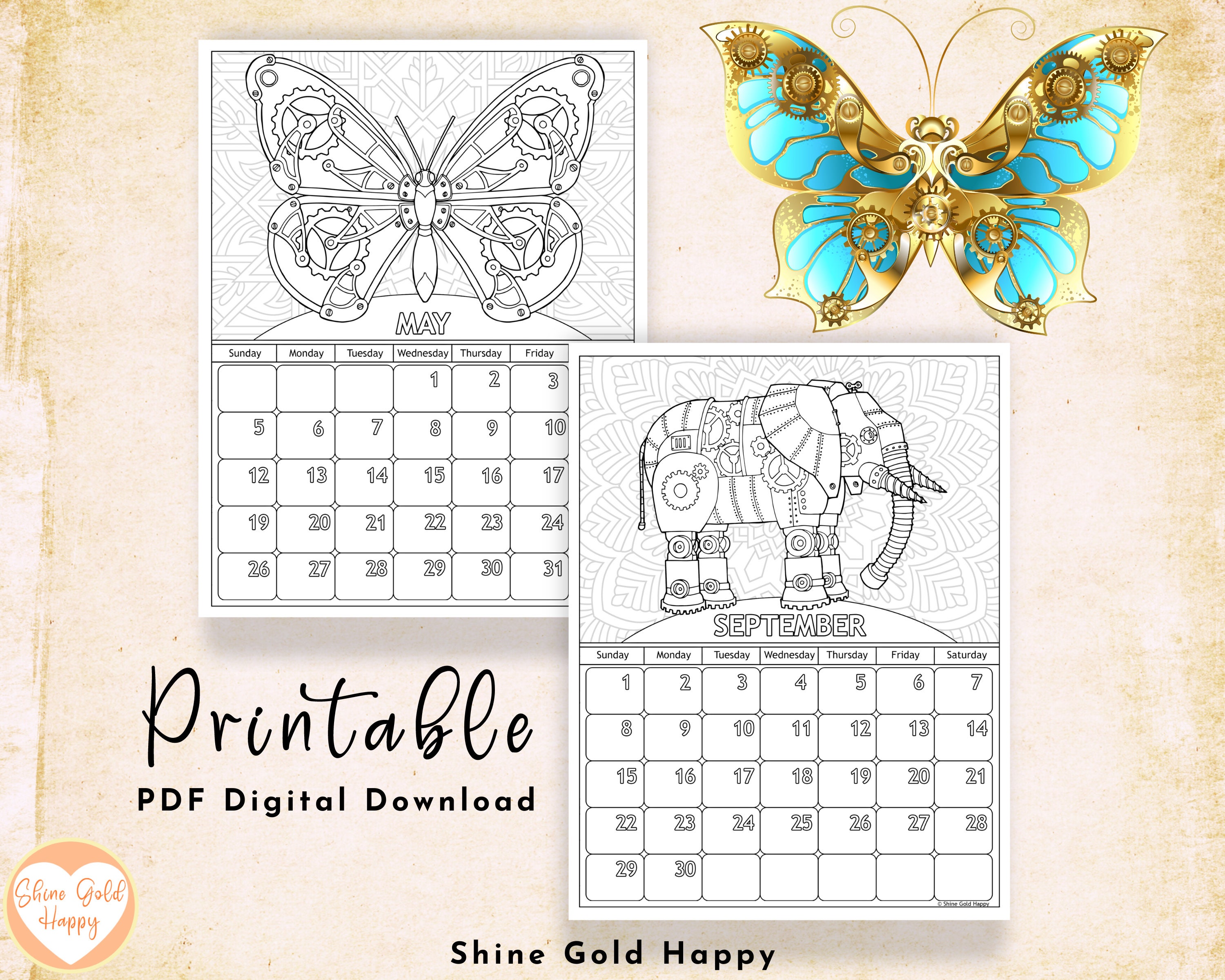 2024 Steampunk Animals Coloring Calendar, Printable Calendar 2024, PDF ...